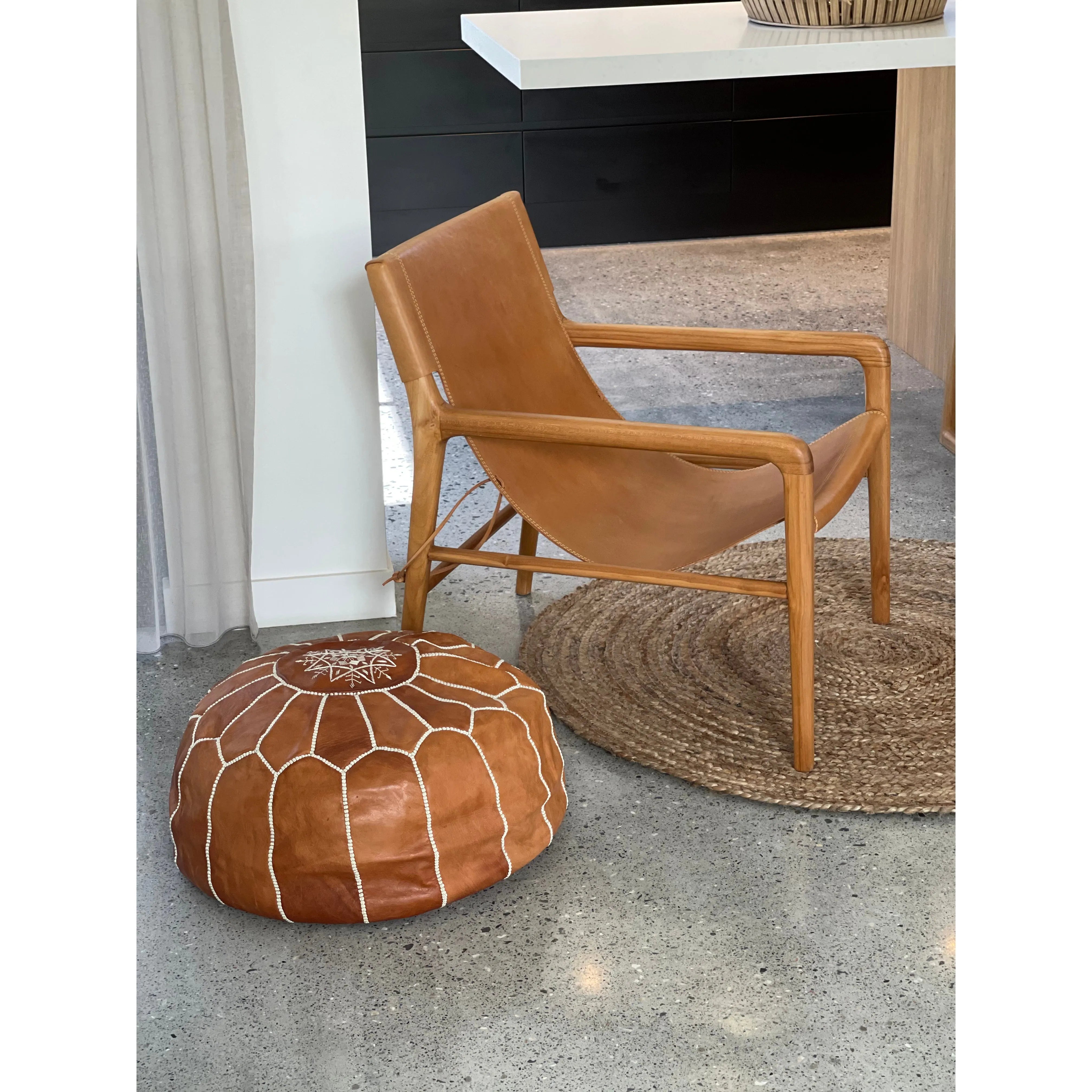 Natural Teak Sling Chair Tan Leather | The Styling Republic