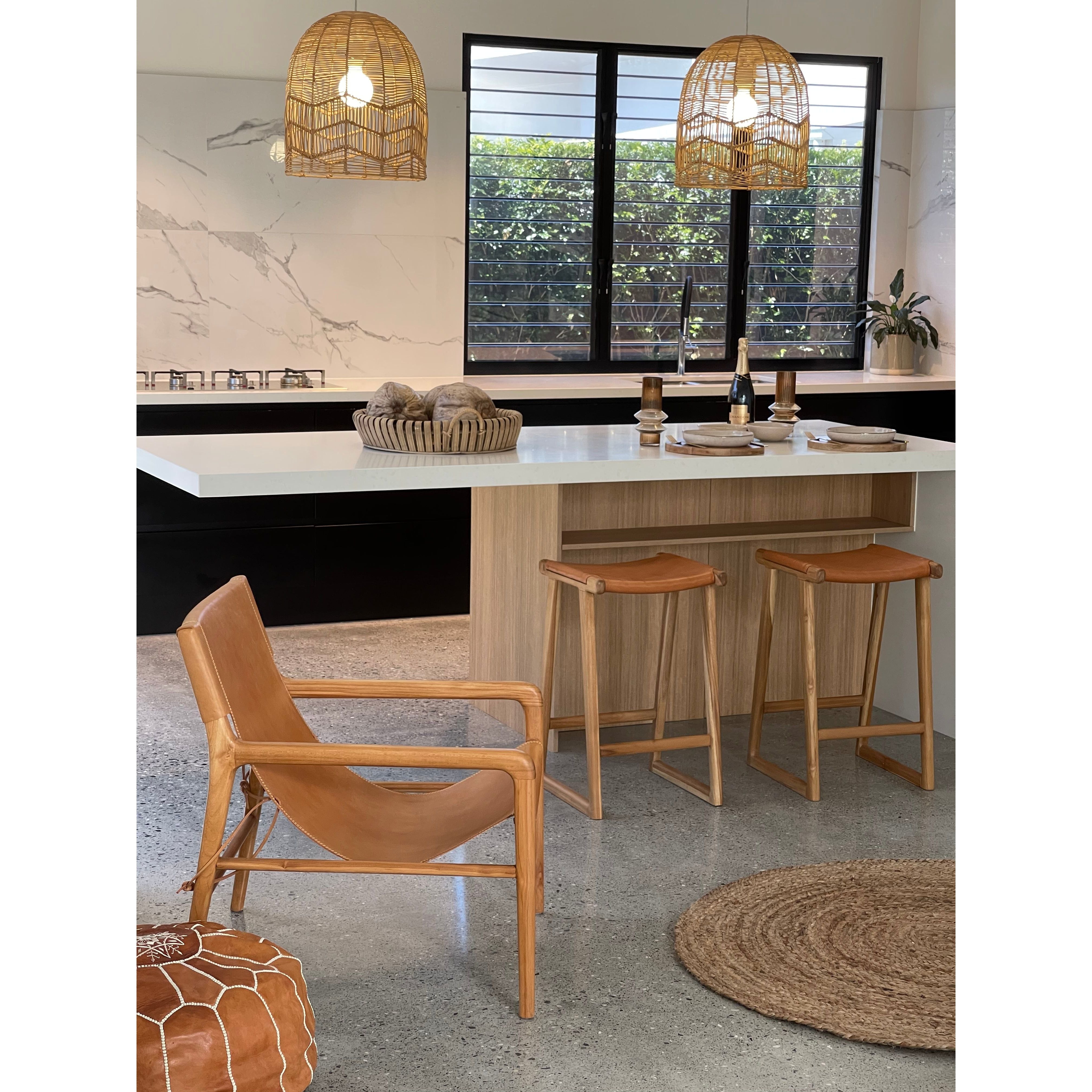 Natural Teak Sling Chair Tan Leather | The Styling Republic