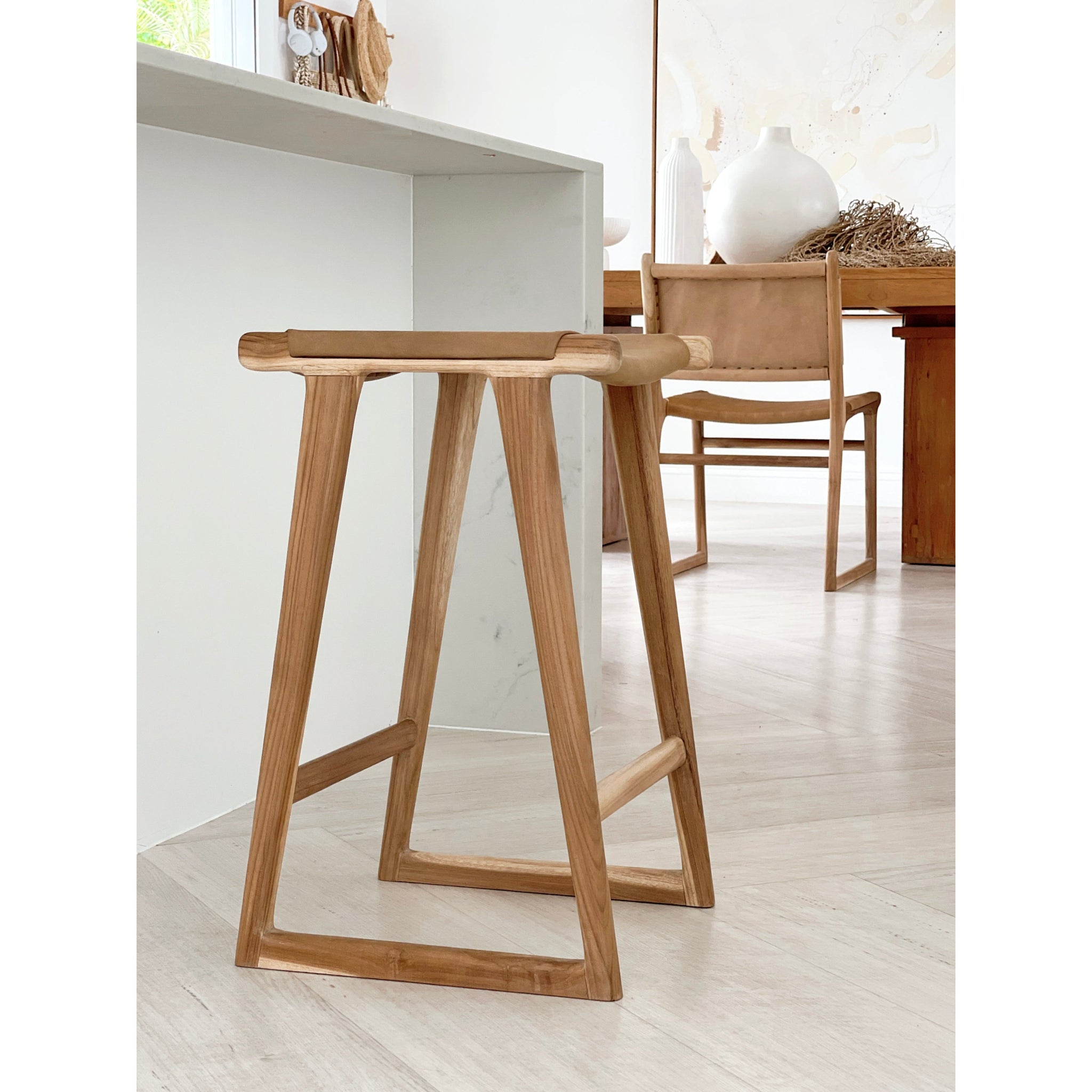 Sand Leather Kitchen Stool Natural Teak Frame | The Styling Republic