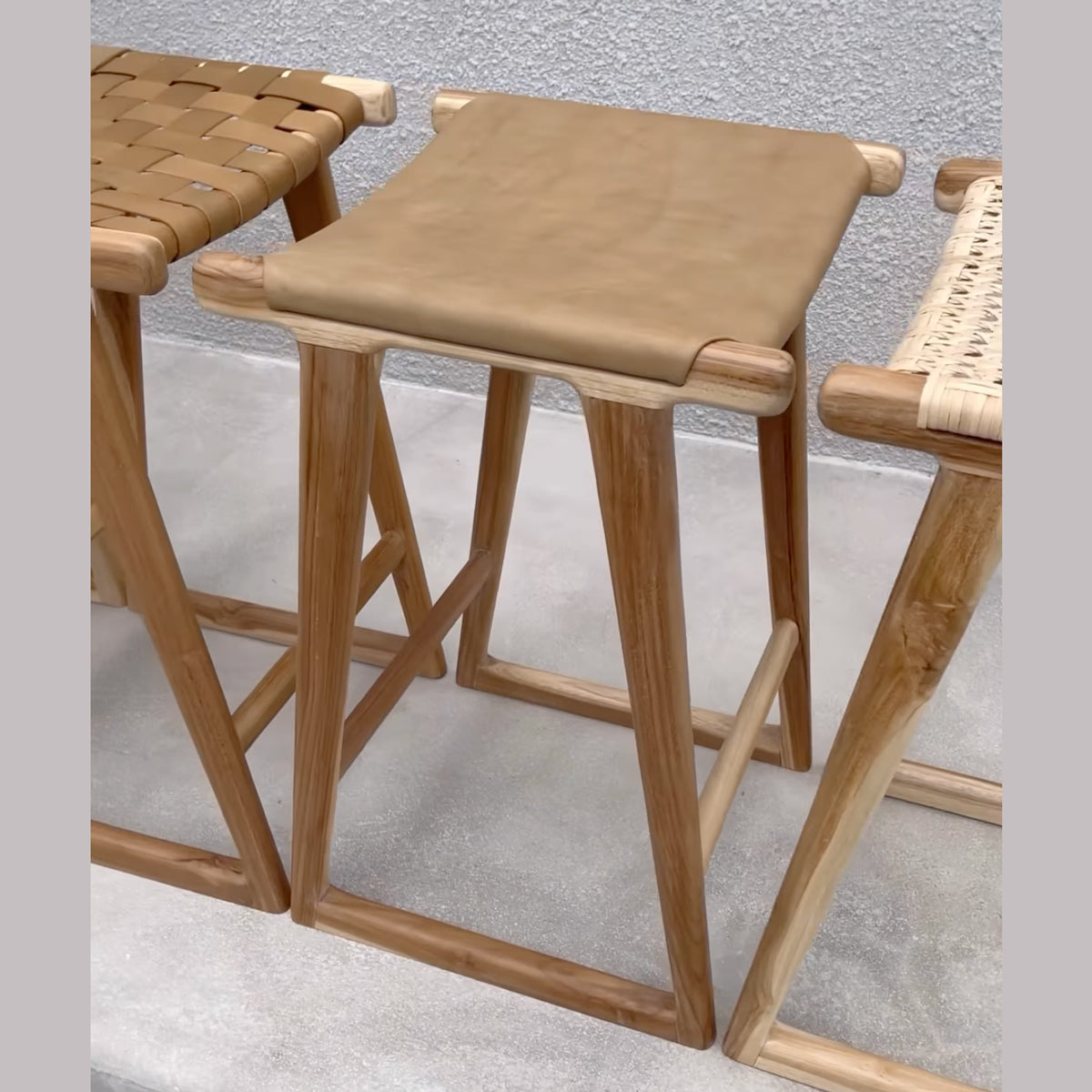 Sand Leather Kitchen Stool Natural Teak Frame | The Styling Republic