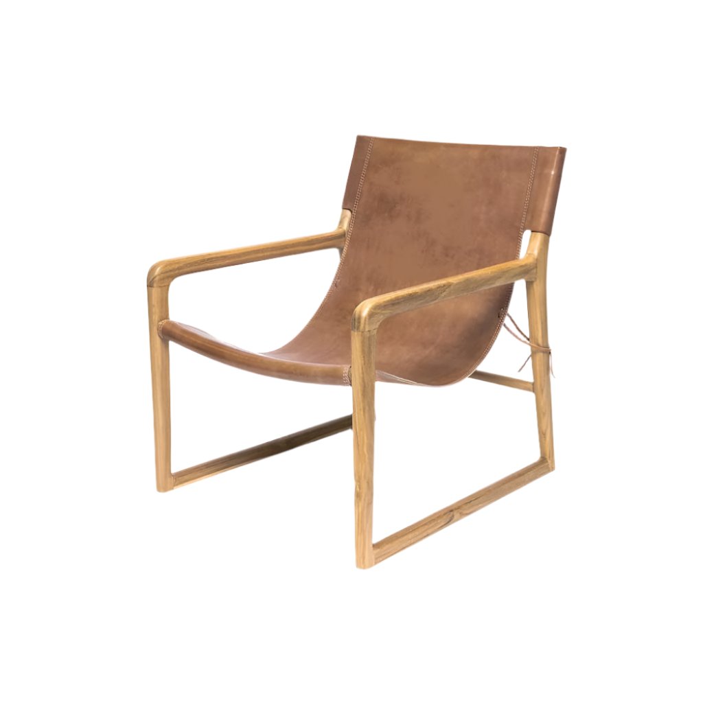 Natural Teak Sling Chair Tan Leather | The Styling Republic