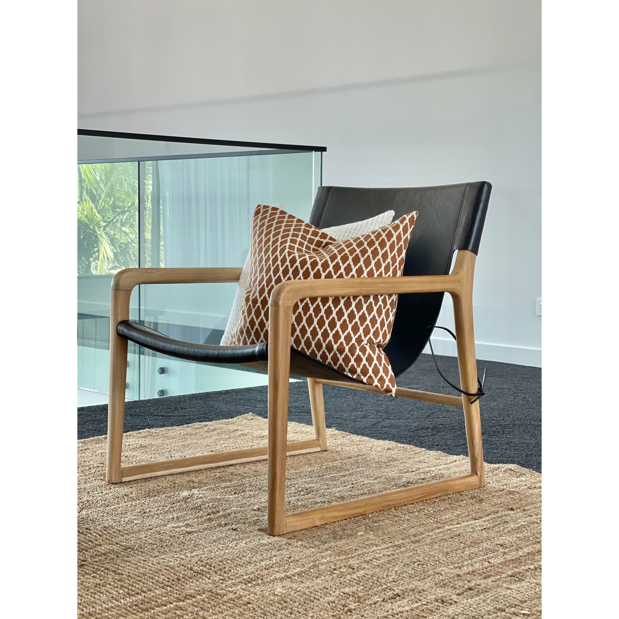 Natural Teak Sling Chair Black Leather | The Styling Republic