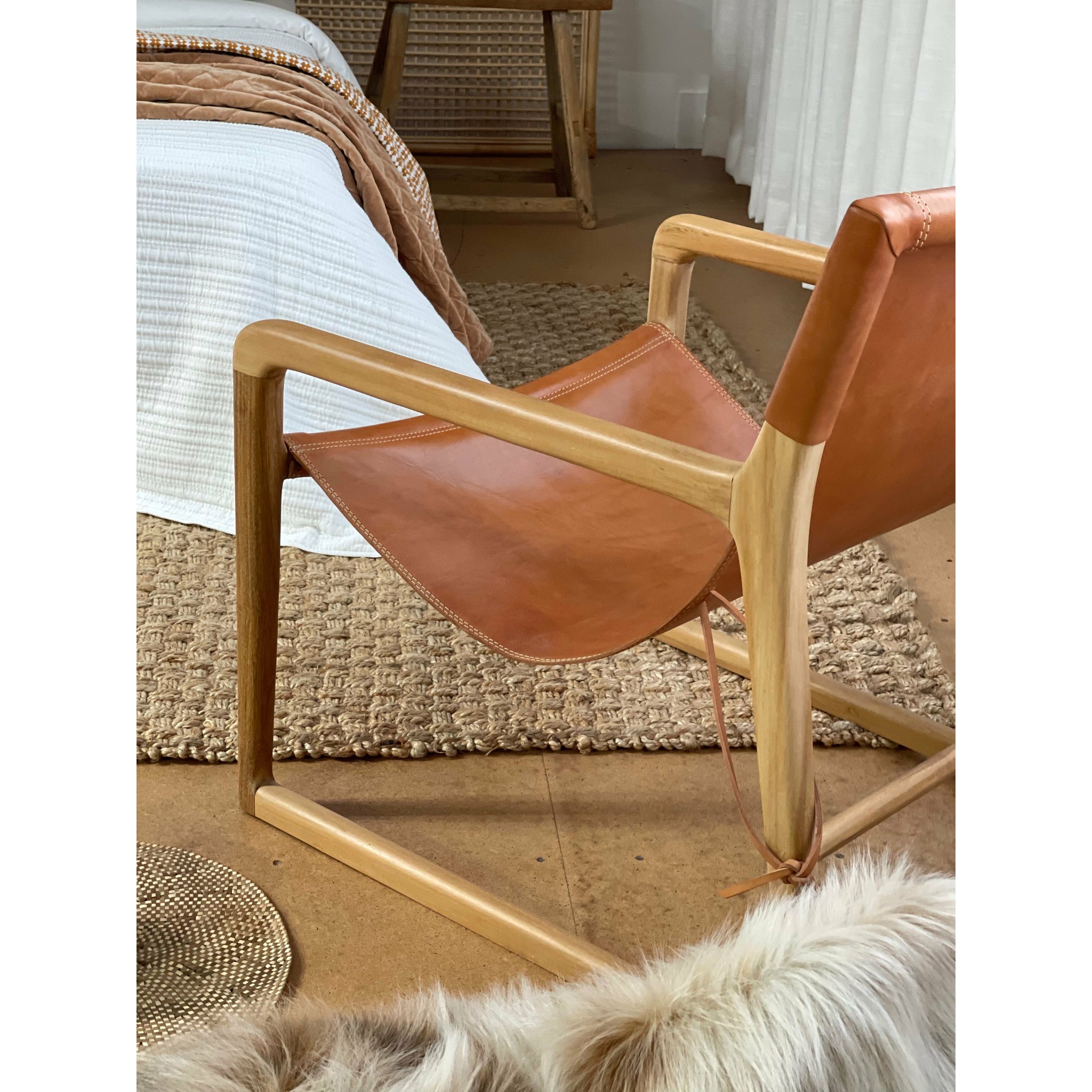 Natural Teak Sling Chair Tan Leather | The Styling Republic