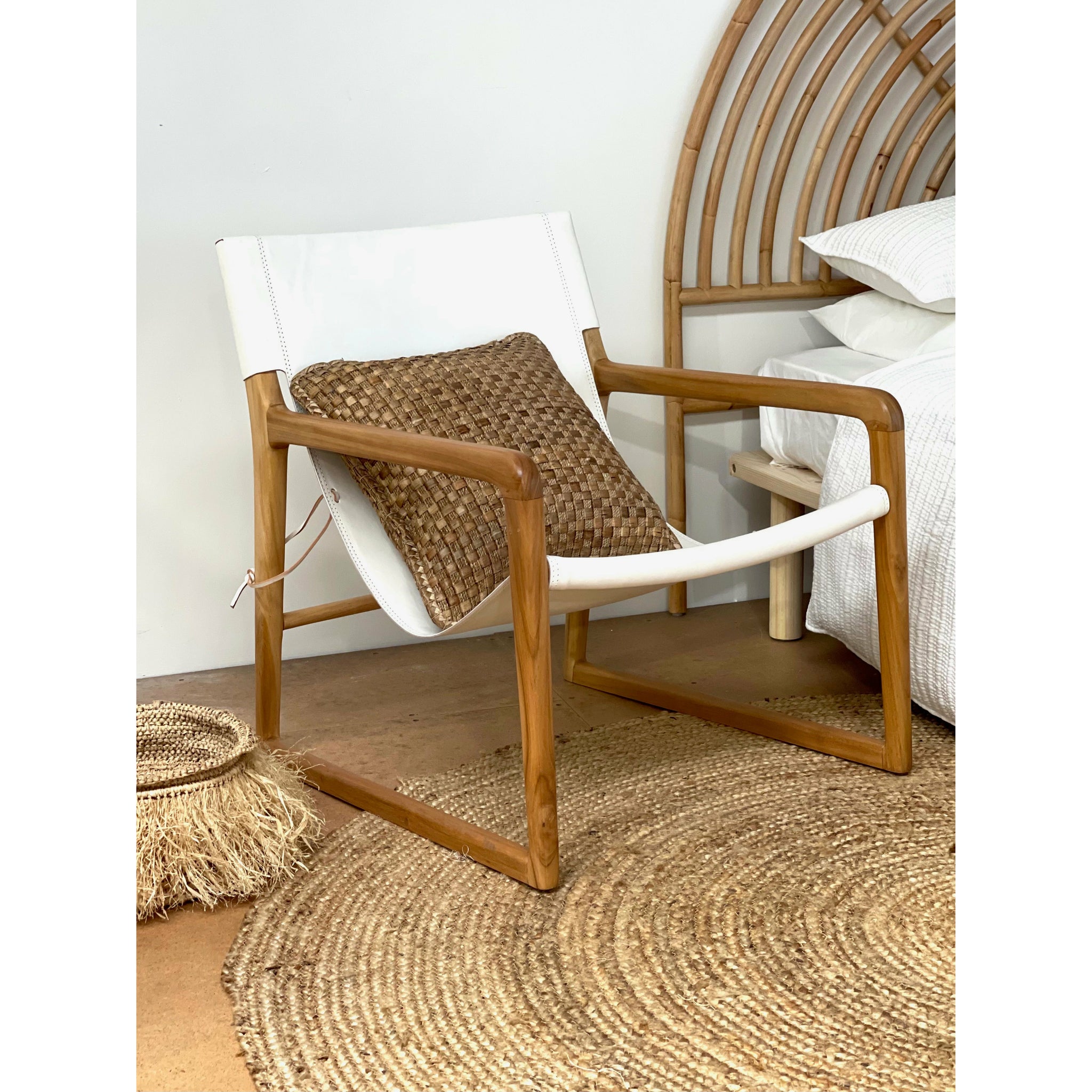 Natural Teak Sling Chair White Leather | The Styling Republic